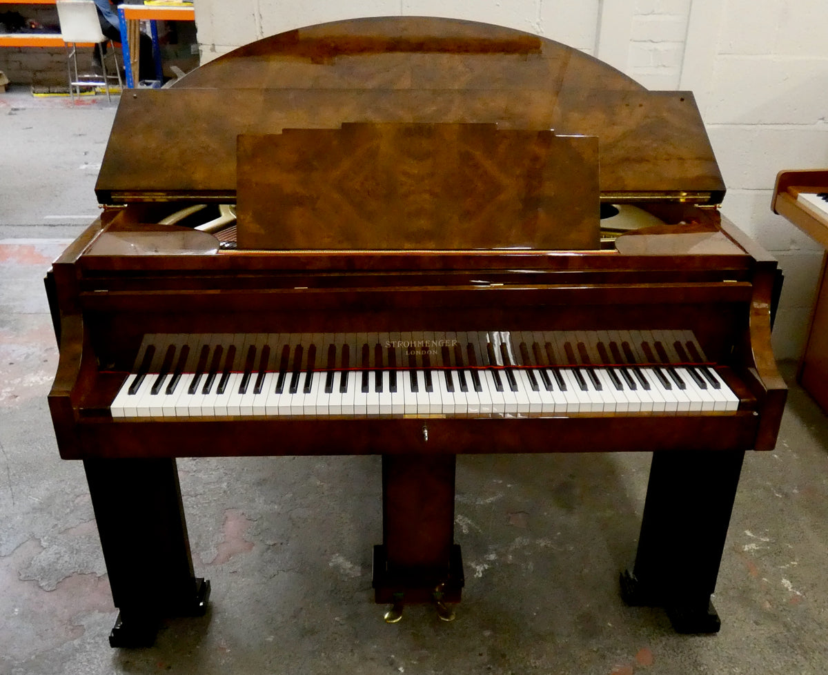 J. Strohmenger Baby Grand Piano With Half-Moon Lid in book matched bur ...